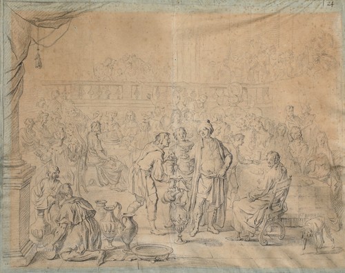 18th CENTURY LARGE FRENCH OLD MASTER PENCIL DRAWING - FEAST INTERIOR ...