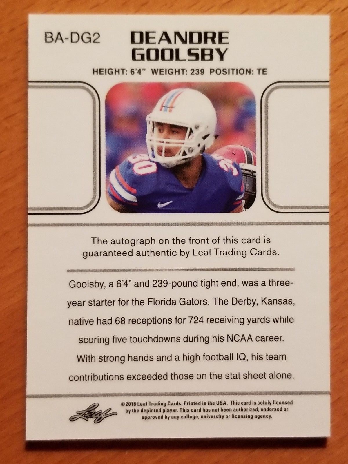 2018 Leaf Ultimate Draft Gold Rookie Auto DeAndre Goolsby Florida TE ...