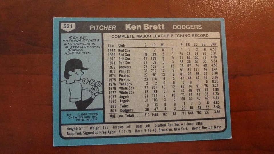 1980 TOPPS # 521 KEN BRETT BASEBALL CARD | eBay