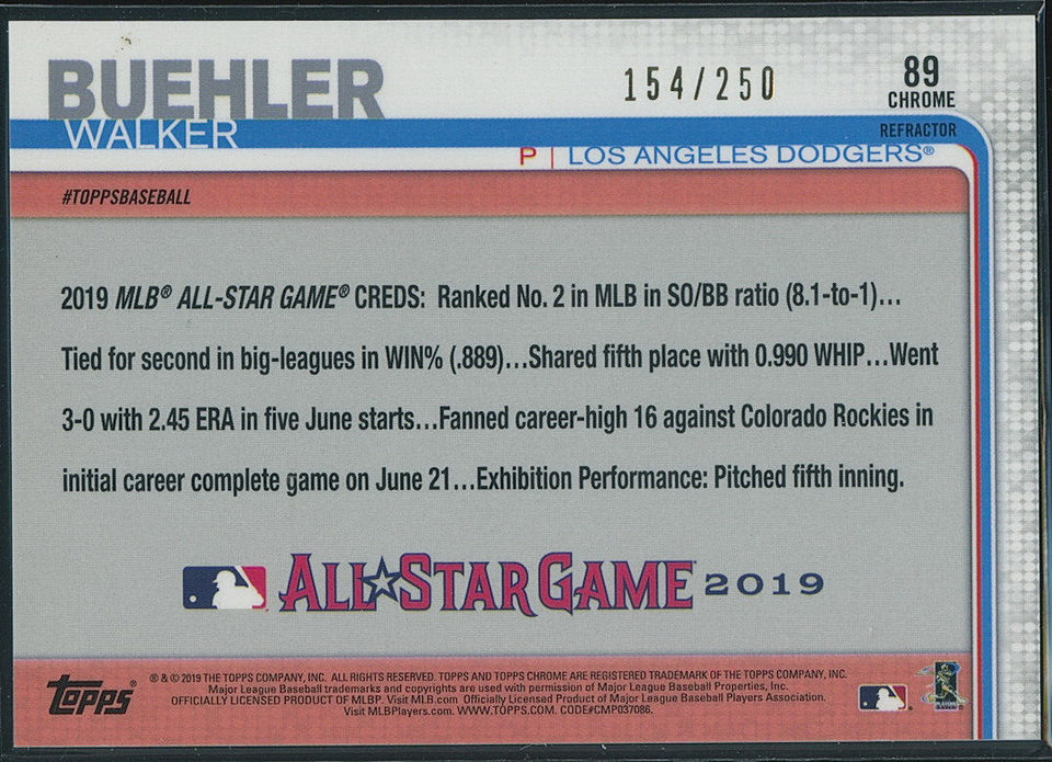 Walker Buehler 2019 Topps Chrome Update Refractor Trophy Cup 154/250 | eBay