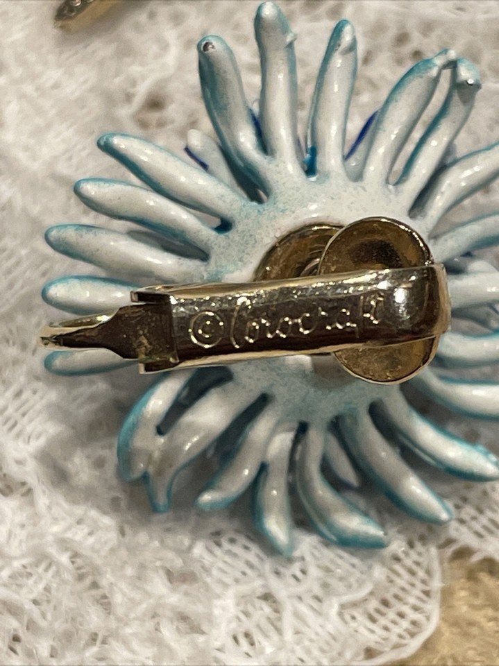 Scarce Signed CORO Enamel Bachelor Button Brooch & Earrings Set | eBay