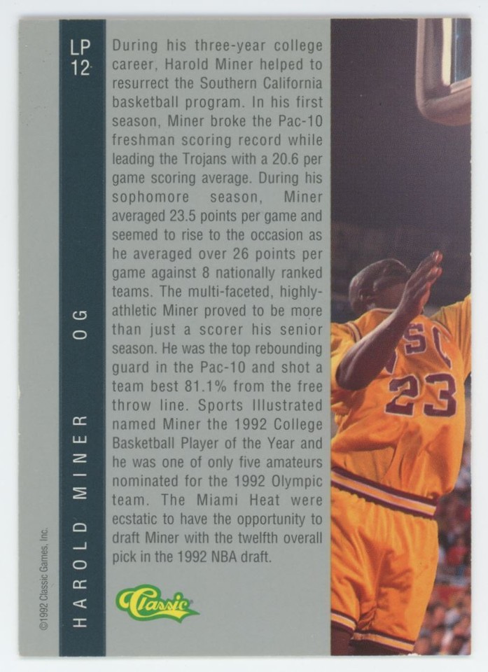 1992-93 Four Sport Limited Print Harold Miner Rookie 1of46,080 USC # ...