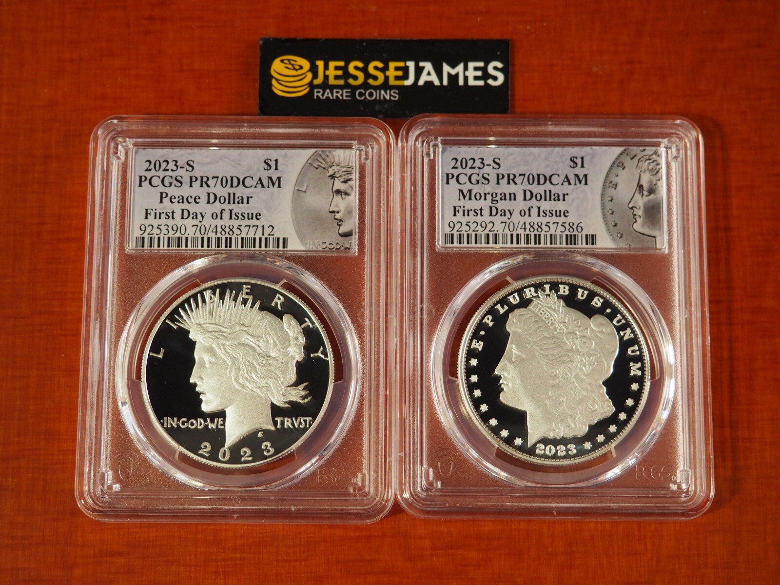 2023 S PROOF SILVER PEACE & MORGAN DOLLAR PCGS PR70 DCAM FIRST DAY OF ...
