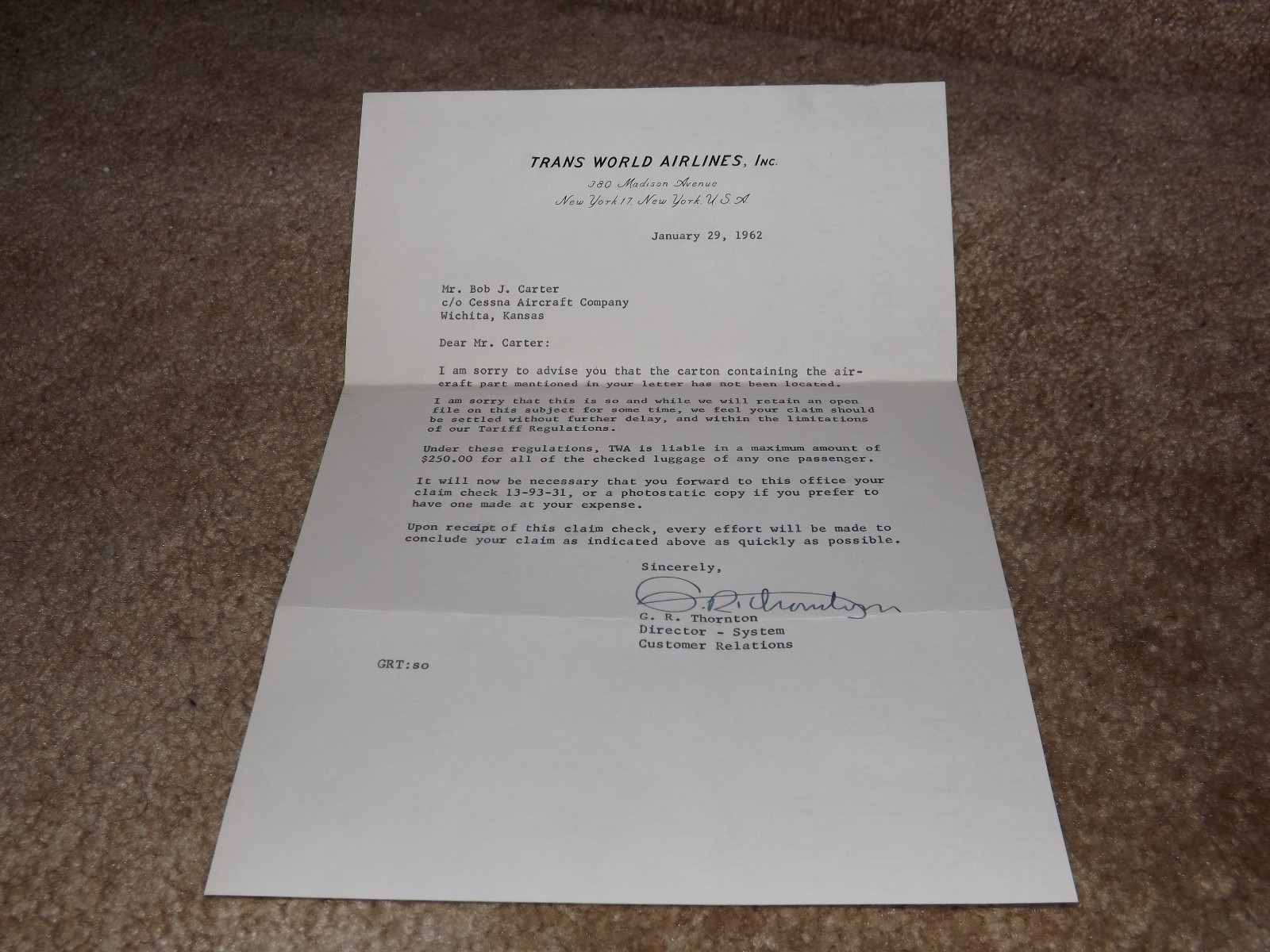 TWA 1962 LETTER W/ENVELOPE SENT TO CESSNA AIRCRAFT ABOUT A MISSING ...