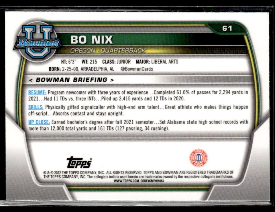 2022 Bowman University Chrome #61 Bo Nix Football Card 1101D | eBay