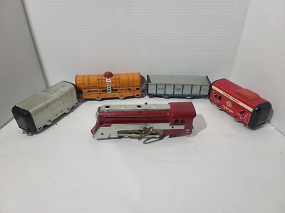 Hafner Prewar Wind-Up Locomotive 1010 Red W/Tender Caboose 2 Cars Tin ...