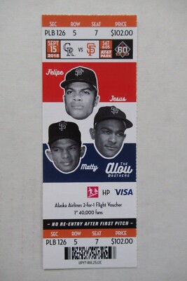 SAN FRANCISCO GIANTS VS ROCKIES 9/15/2018 FULL TICKET ~ THE ALOU ...