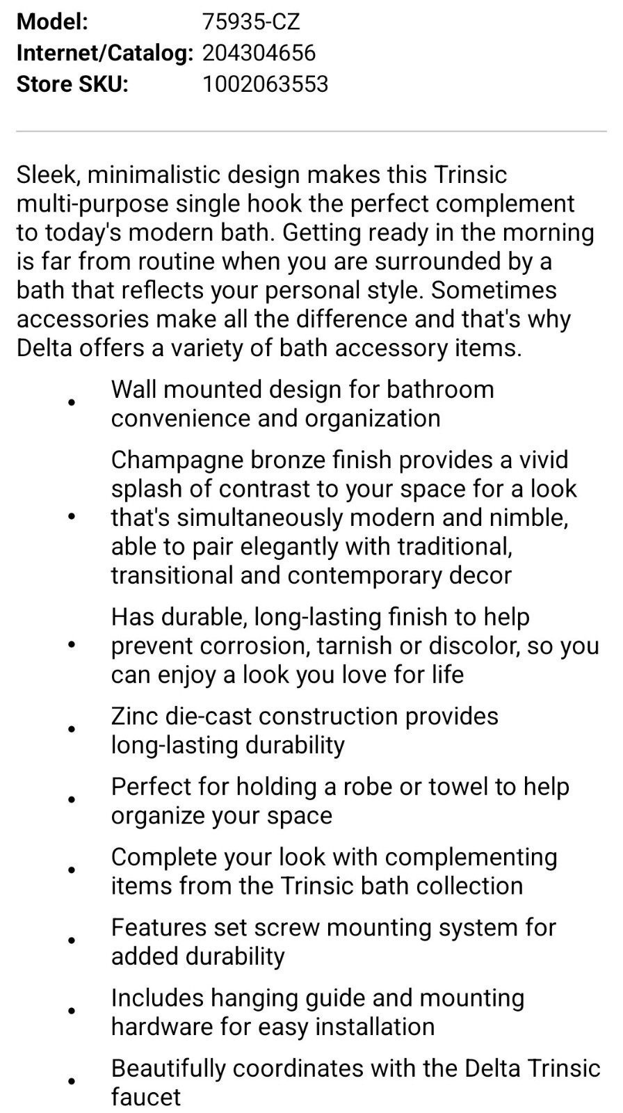 Delta Faucet 75935-CZ Trinsic Robe Hook - Champagne Bronze for sale ...