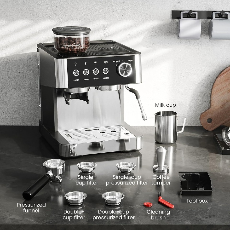 20 Bar Espresso Machines with Grinder with Steam Milk Frother Steam ...