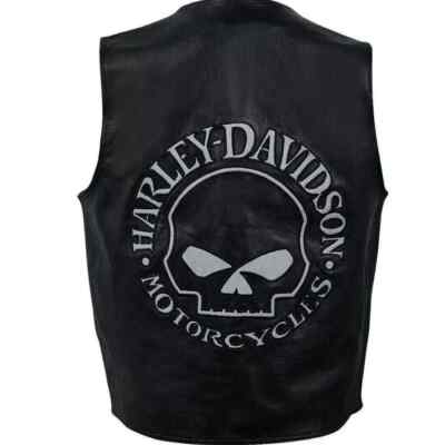 Harley Davidson Men Reflective Skull Real Leather Black Motorcycle Vest ...
