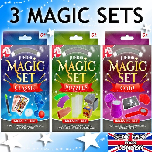 KIDS MAGIC Box 3 sets Junior Tricks Puzzle Classic Card Coin Illusion ...