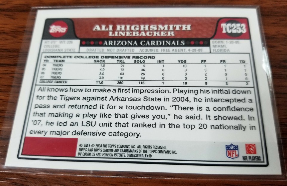 2008 topps Chrome football #TC253 Ali Highsmith Rookie autographed | eBay