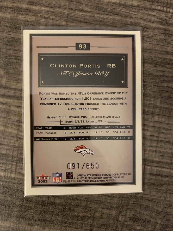 CLINTON PORTIS 2003 FLEER SHOWCASE AVANT CARD #93 #91/650 Denver ...