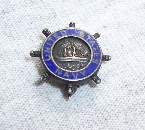 Vintage US Navy Silver Pin Ships Wheel w/Battleship Sterling & Enamel ...