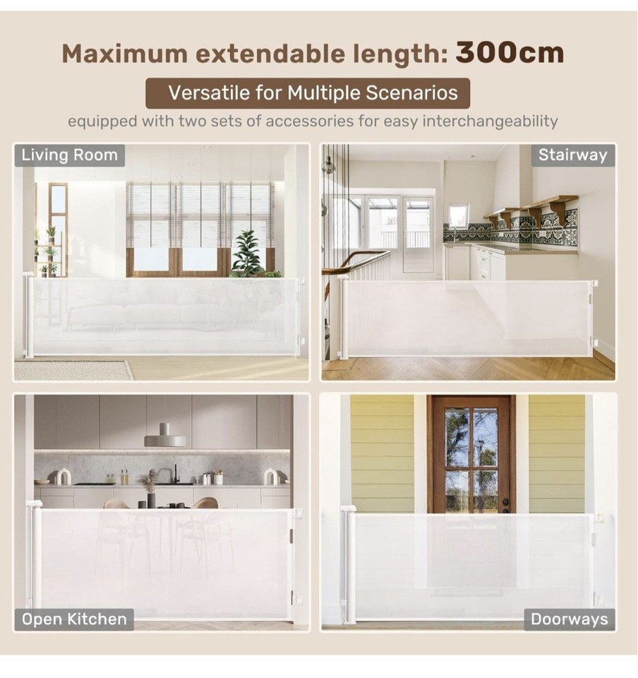 HollyHOME Retractable Baby Stair Gate 300cm Extra Wide One-Hand ...