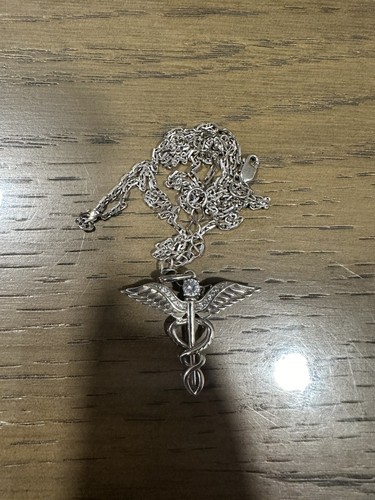 Solid 925 Silver CZ Caduceus Pendant With Chain Healthcare Worker Nurse ...