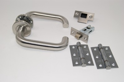 D Shaped Lever Door Handle Pack Latch Set with Hinges Satin Stainless ...