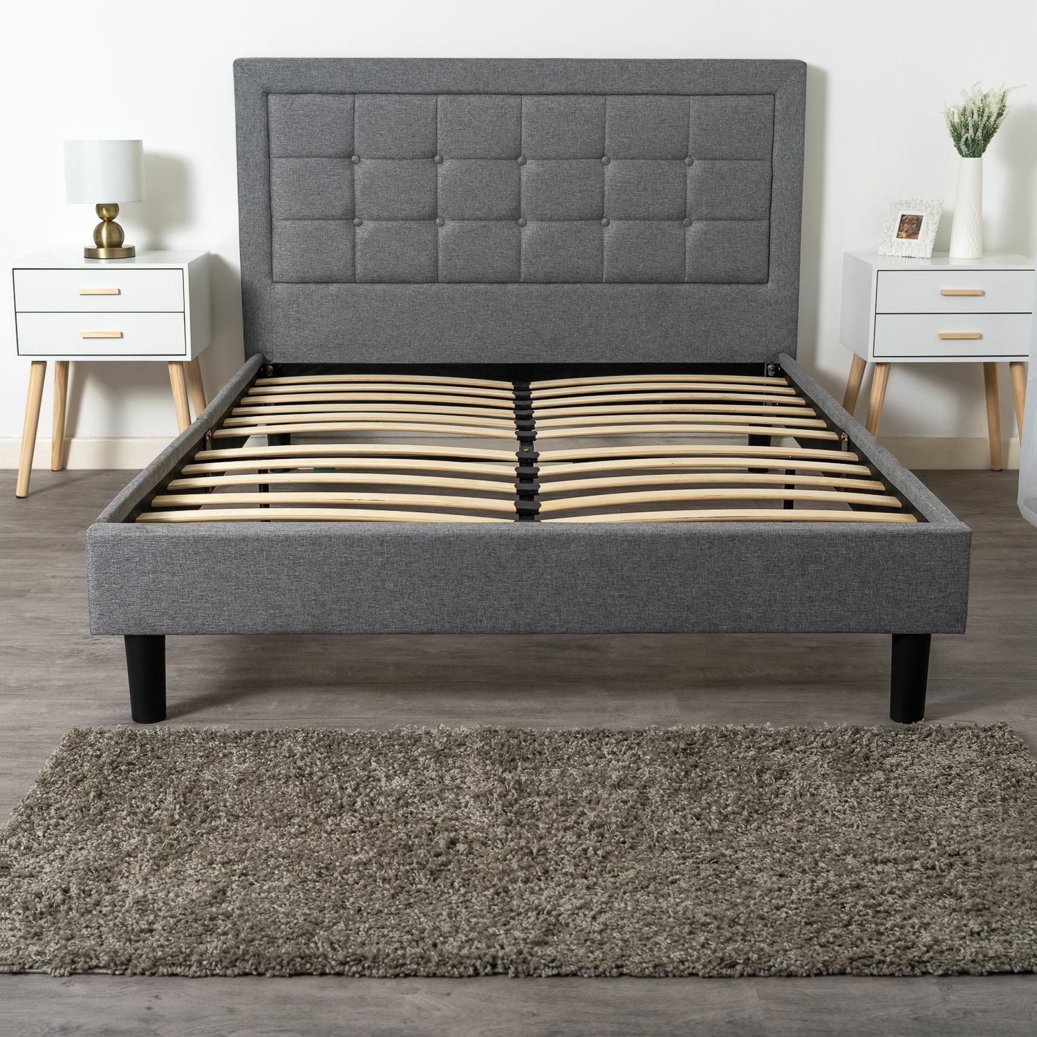 Double Bed Frame Padded Headboard Grey Sprung Mattress Upholstered ...