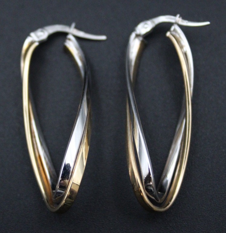 ITALY .375 9ct 2-TONE YELLOW & WHITE GOLD 35mm Twist Drop Earrings, 1 ...