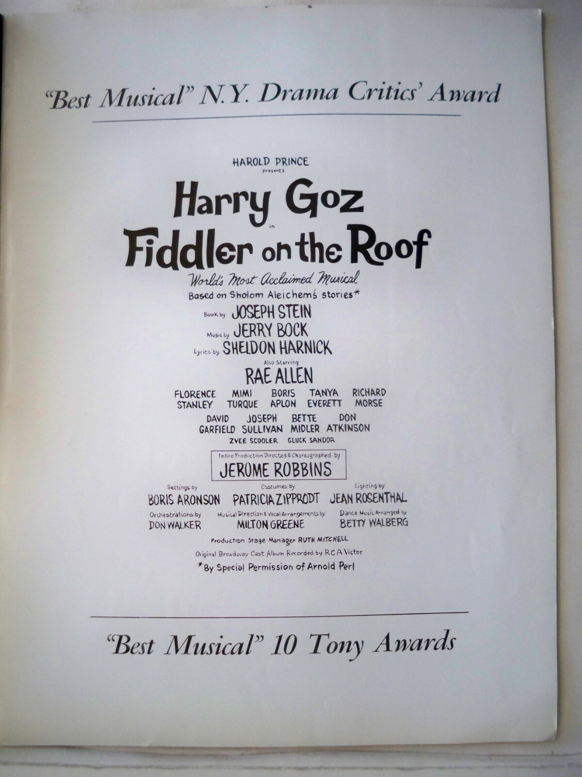 FIDDLER ON THE ROOF Souvenir Program HARRY GOZ / RAE ALLEN / BETTE ...