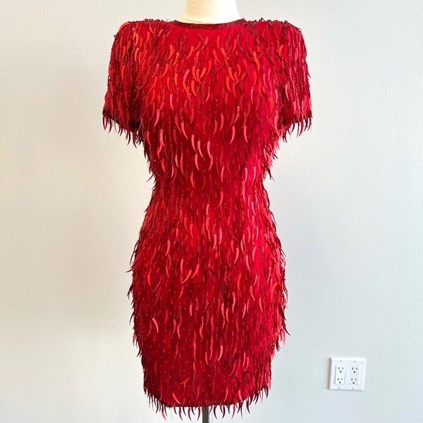 A.J. Bari Petites Women’s 4 Cattail Fringe Sequin Party Cocktail Midi ...