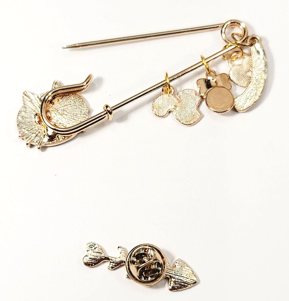 Gold Tone Black Cat Enameled Safety Pin Brooch With Added Charms. PLUS ...