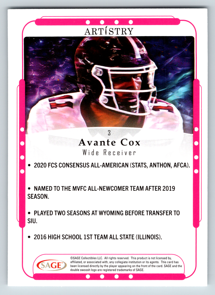 Avante Cox 2023 Sage Artistry RC #3 Southern Illinois Rookie | eBay