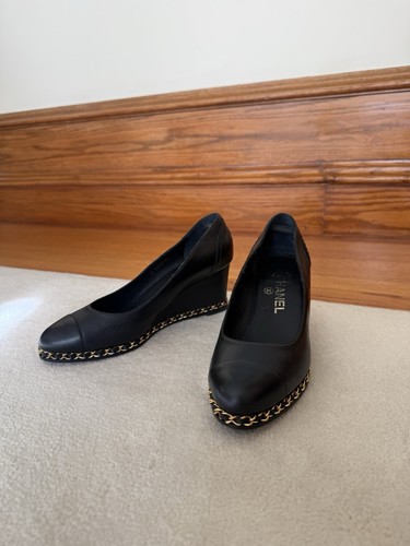 Chanel Chain Trim Wedge Pumps • Black Leather • Gold CC Chain • Women ...