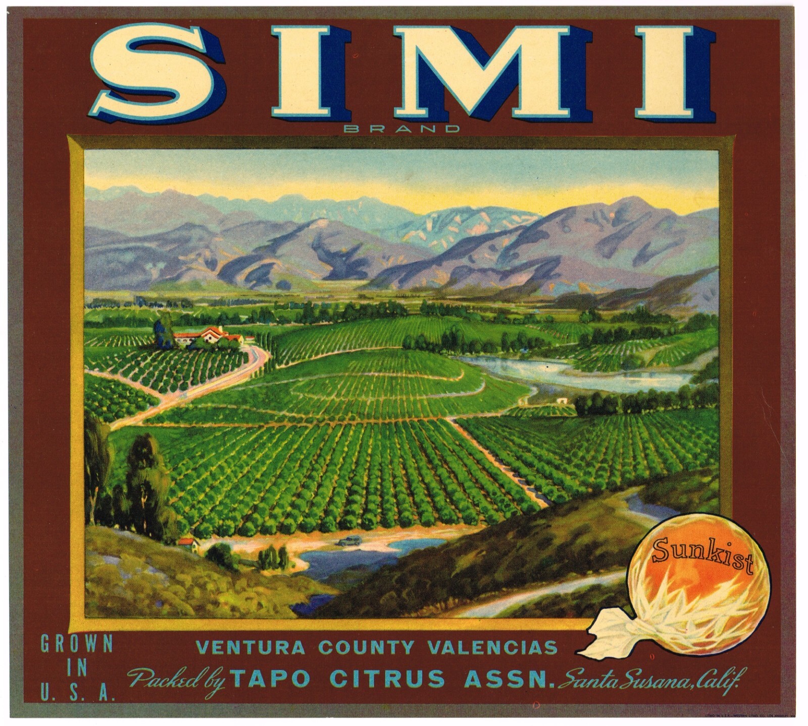 ORIGINAL CRATE LABEL VENTURA COUNTY TAPO 1930S SIMI VALLEY SANTA SUSANA ...