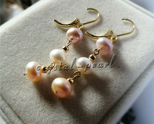 AAA natural 8-7 MM south sea white pink purple pearl earrings 14K GOLD | eBay