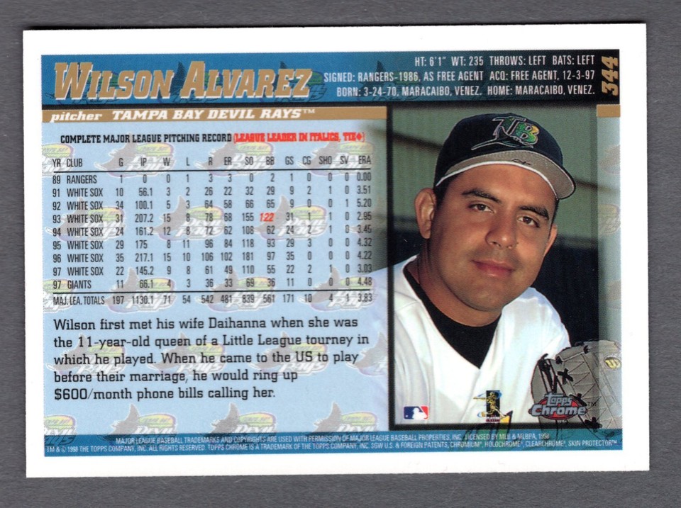 1998 TOPPS CHROME WILSON ALVAREZ CARD #344 **NM-MT** DEVIL RAYS | eBay