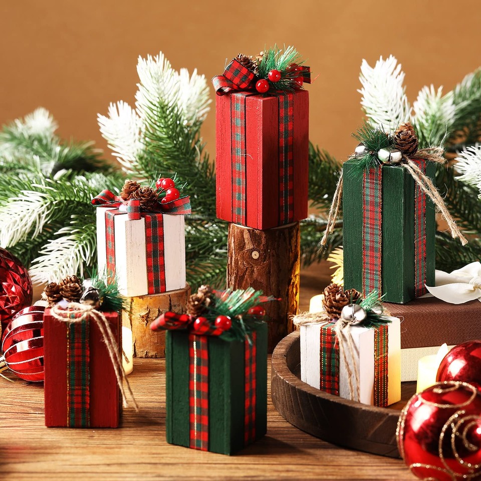 6 Pcs Christmas Wooden Gifts Box Decor Christmas Table Centerpieces ...