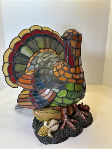 VTG Large Stained Glass Turkey Table Lamp Resin Base Thanksgiving Fall ...