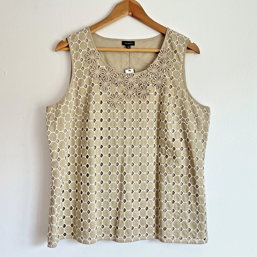 Talbots Women's Tan Beige Eyelet Cut Out Overlay Lined 3D Floral Trim Top Sz 14 | eBay