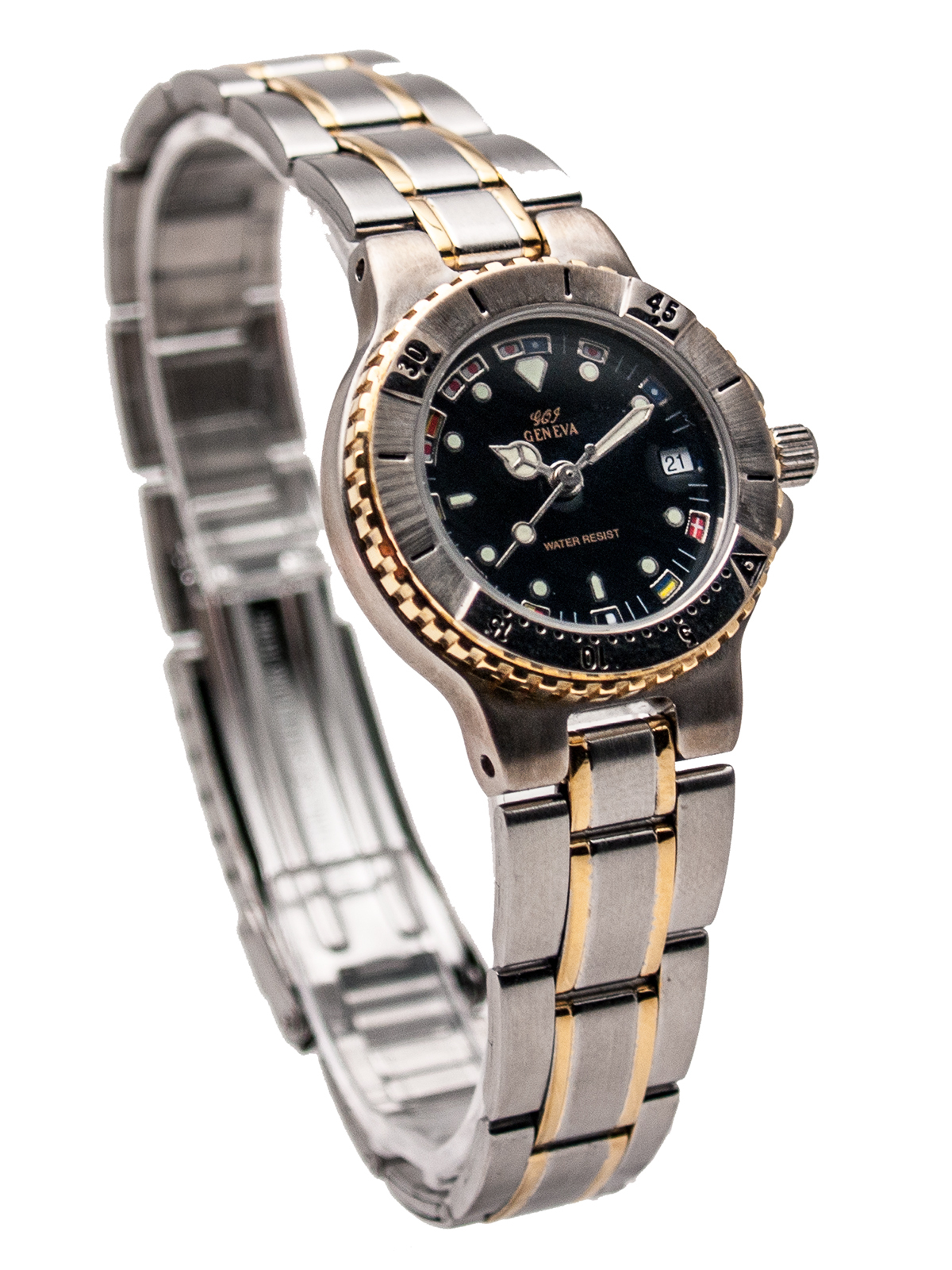 GQI GENEVA:WOMEN'S STAINLESS STEEL BAND WITH GOLD TONE CASE DATE,FLAG ...