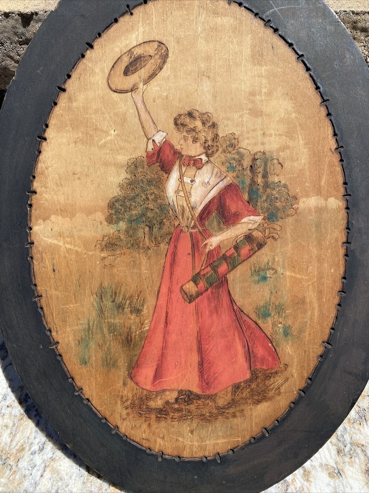 Antique 1900s Flemish Pyrography Folk Art "" Girl Women Golfer Wooden ...