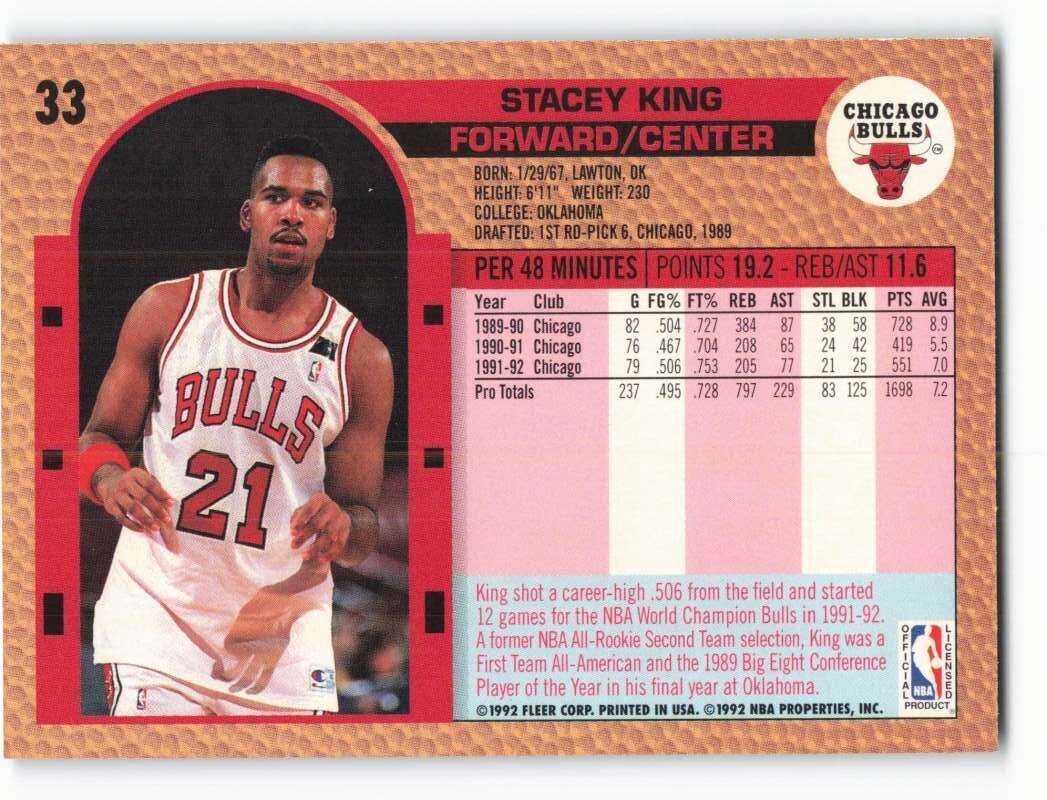 1992-93 FLEER Basketball NM/M Trading Card #33 - STACEY KING, Chicago ...