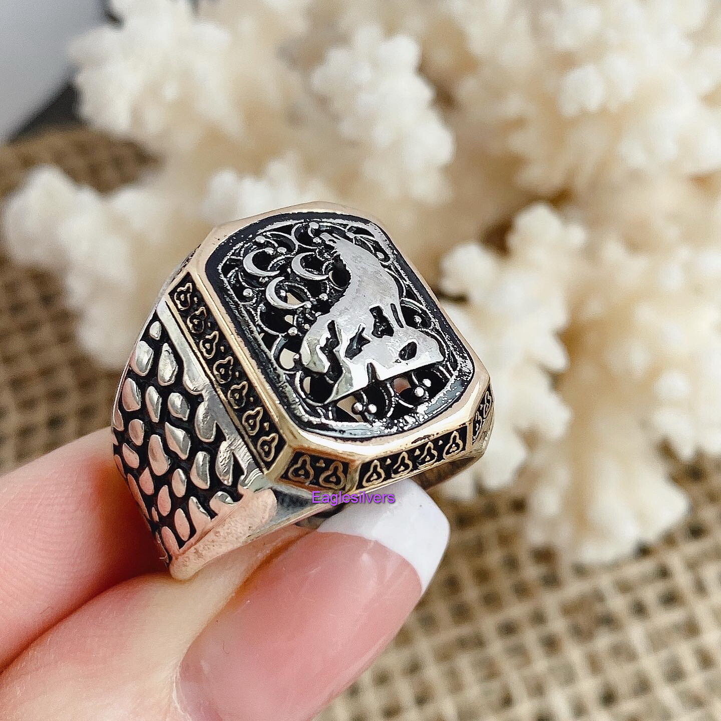 Handmade 925 Sterling Silver Wolf & Moon Men's Woman's Ring | eBay