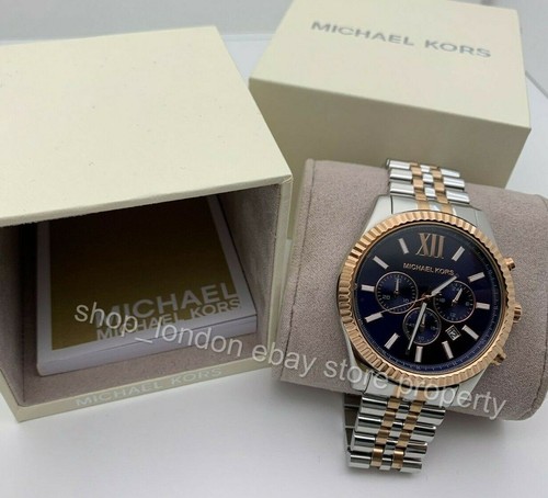 Michael Kors MK8412 Lexington Argent et or rose 45 mm Cadran bleu ...