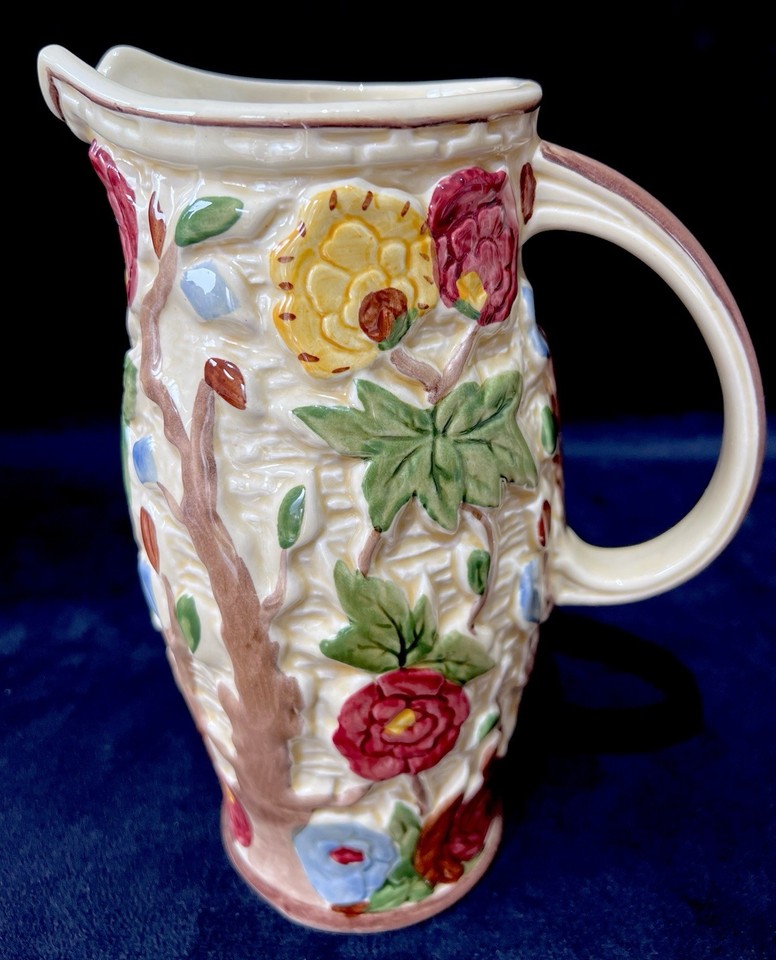 Tony Wood “Indian Tree” Vintage Embossed Tall Ceramic Jug or Vase 8.6 ...