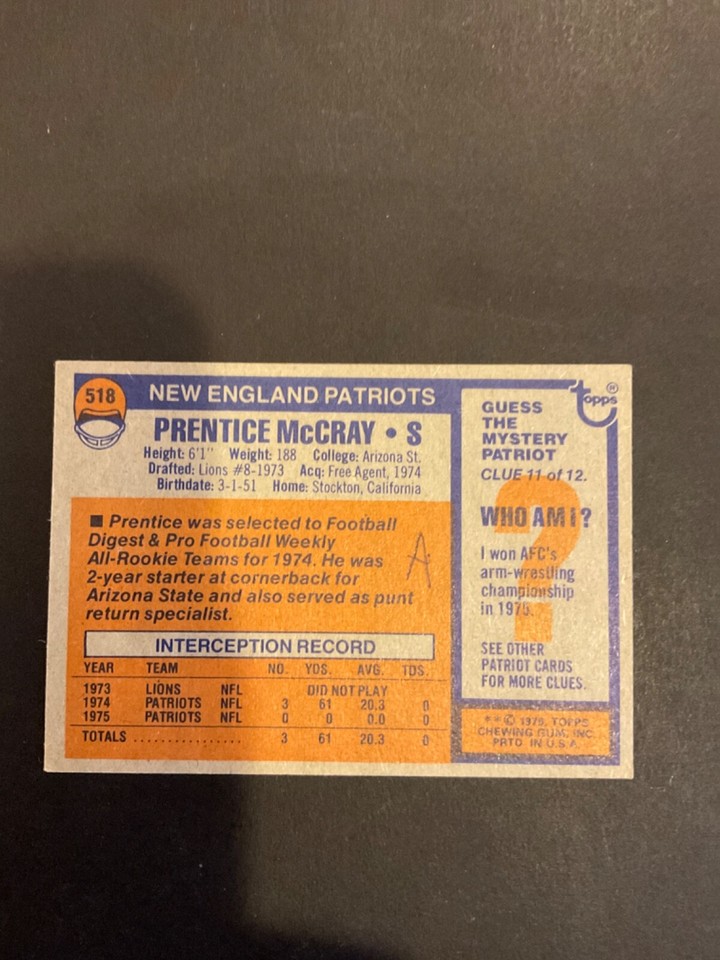 Prentice McCray 1976 Topps Rookie Football Card #518 - New England ...