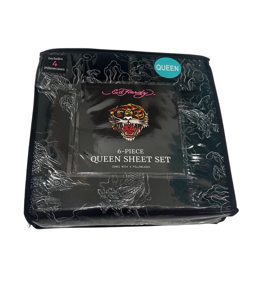 Ed Hardy Queen Sheet Set 6 Piece Black Dragon Tiger Graphic Bedding New ...