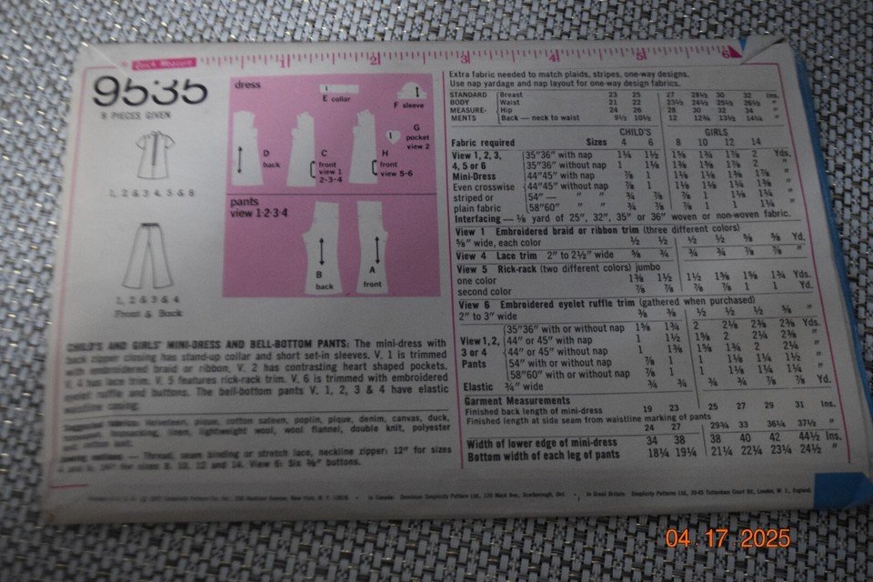 1970's Simplicity 9535 Pattern Girls Mini Dress Bell Bottom Pants Sz 10 ...