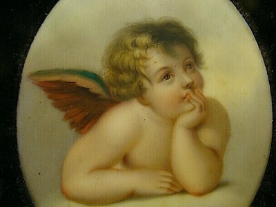 Antique Hand Painted Oval Domed Porcelain Cupid Portrait black velvet ...