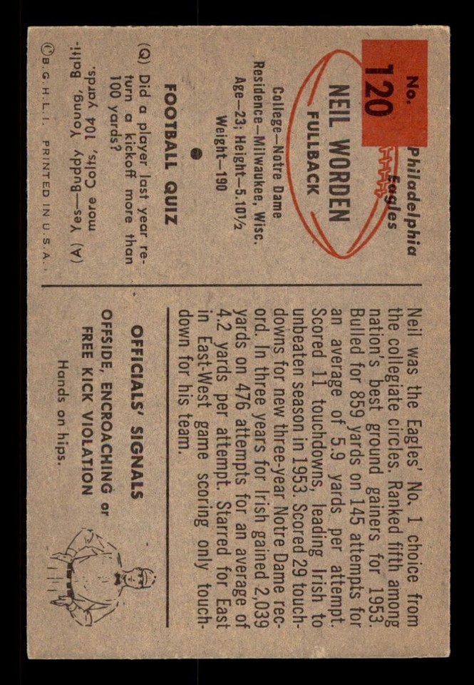 1954 Bowman Football #120 Neil Worden EX *e1 | eBay