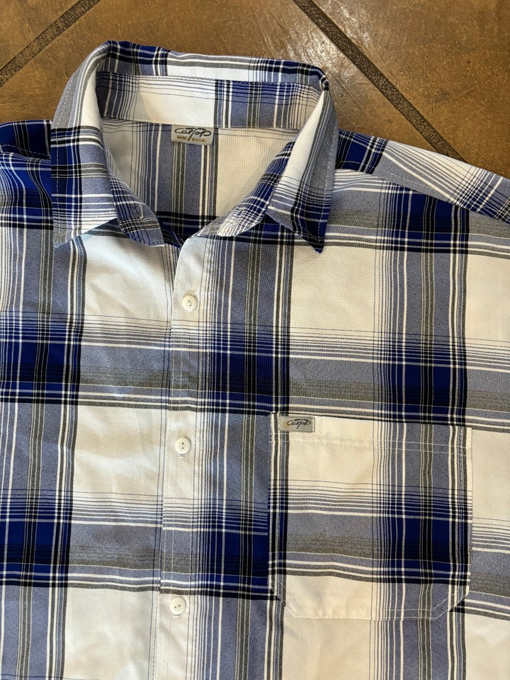 CALTOP Plaid Mens Button Up Short Sleeve SHIRT, Sz 3X Blue White Ombre ...