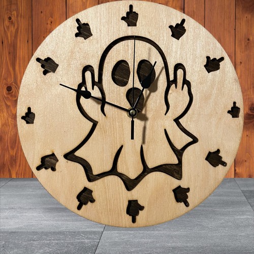 Wall Clock Ghost Giving Middle Finger 11 Inch Laser Cut Wood Analog ...