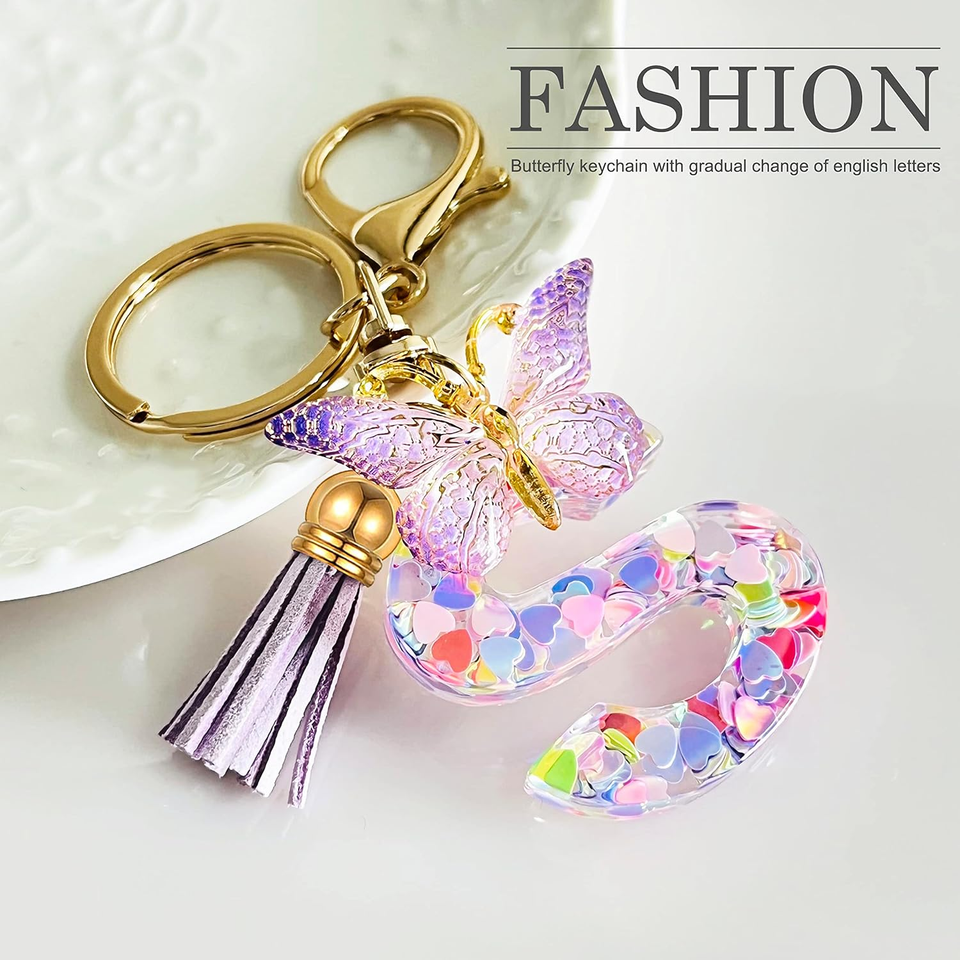 Initial letter Keychains for Women Tassel Butterfly Pink Purple Cute ...