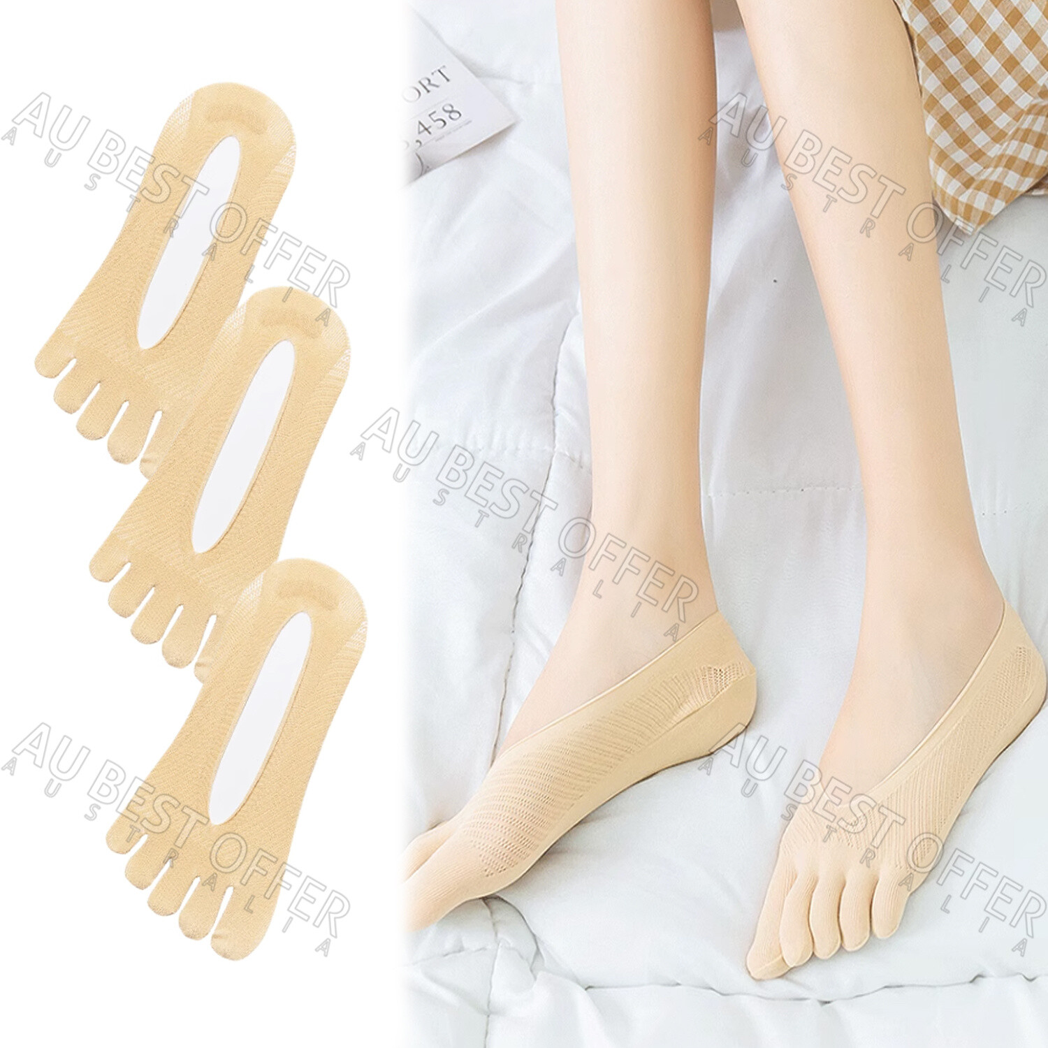 Invisible Sock Cut Crew Five Finger Toe Socks Women No Show Nude Color ...