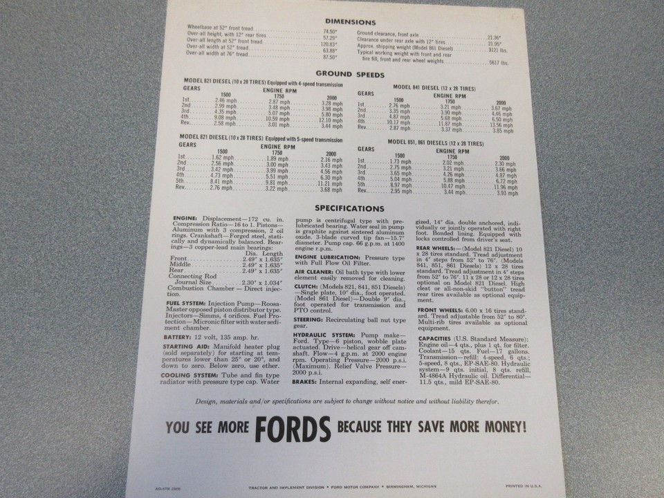 Ford 801 Series Diesel Tractor sheet 1958 | eBay